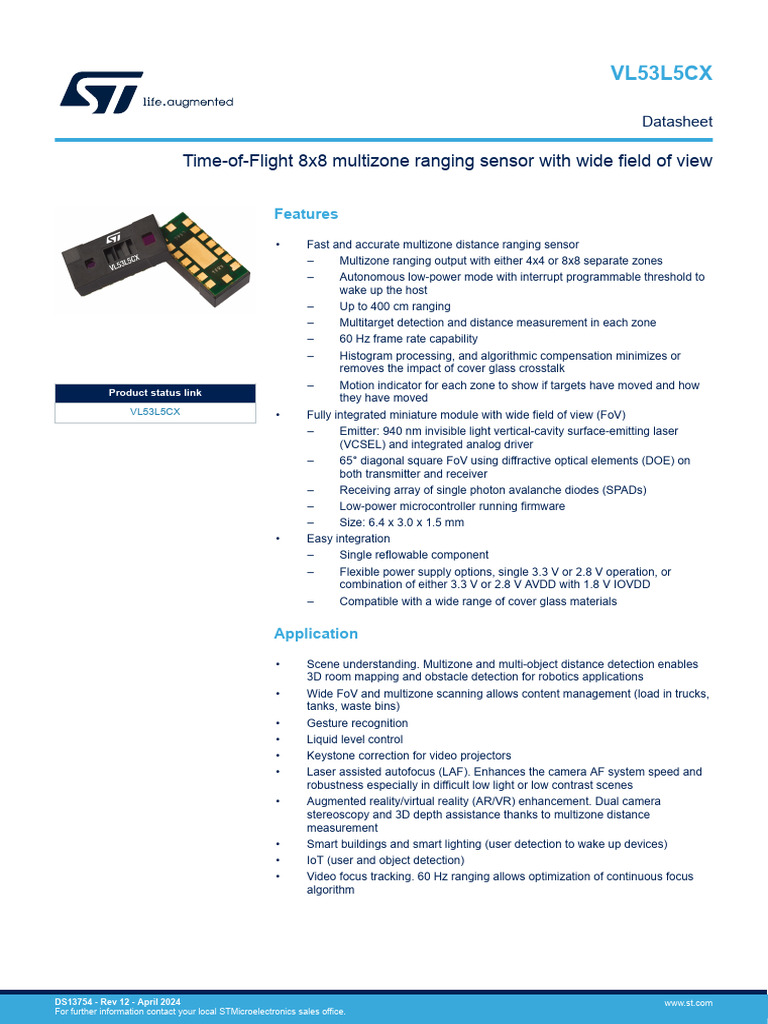 Time Of Flight 8x8 Multizone Ranging Sensor With Wide Field Of View