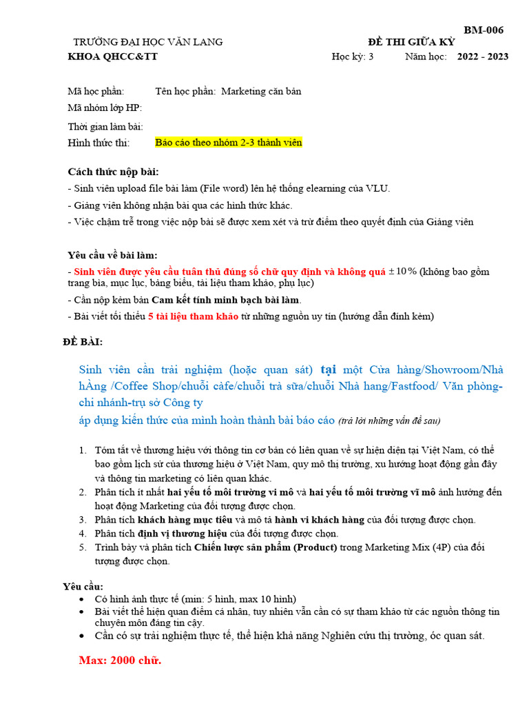 Mktcb Hd k29pr - bài Tập Giữa Kì Fn | PDF