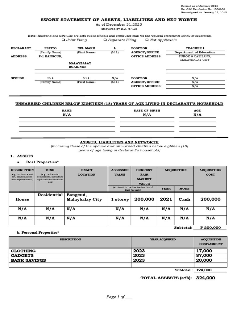 2015 SALN Form 1 | PDF | Net Worth | Financial Economics