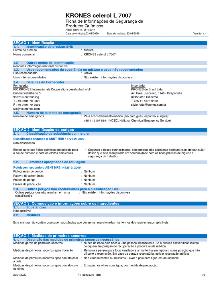 222 20200420 MSDS KRONES Celerol L 7007 BR PT 1.1 | PDF | Primeiros socorros | Vapor