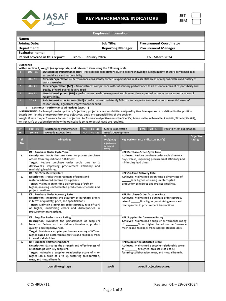 Procurement Coordinator - KPI New 1 | PDF | Performance Indicator ...