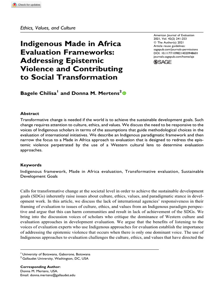 CHILISA, Bagele. 2021. Indigenous Made in Africa Evaluation Frameworks ...