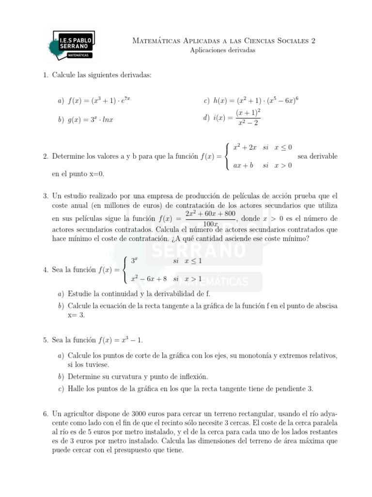 Ejercicios Aplicaciones Derivadas | PDF | Pendiente