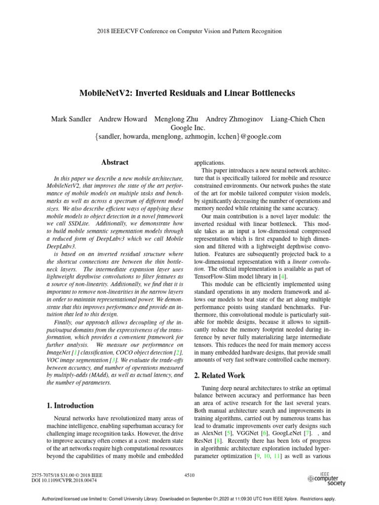 MobileNetV2 Inverted Residuals and Linear Bottlenecks | PDF ...