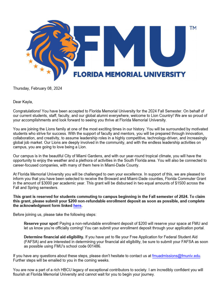 Acceptance Letter 1 | PDF | Florida
