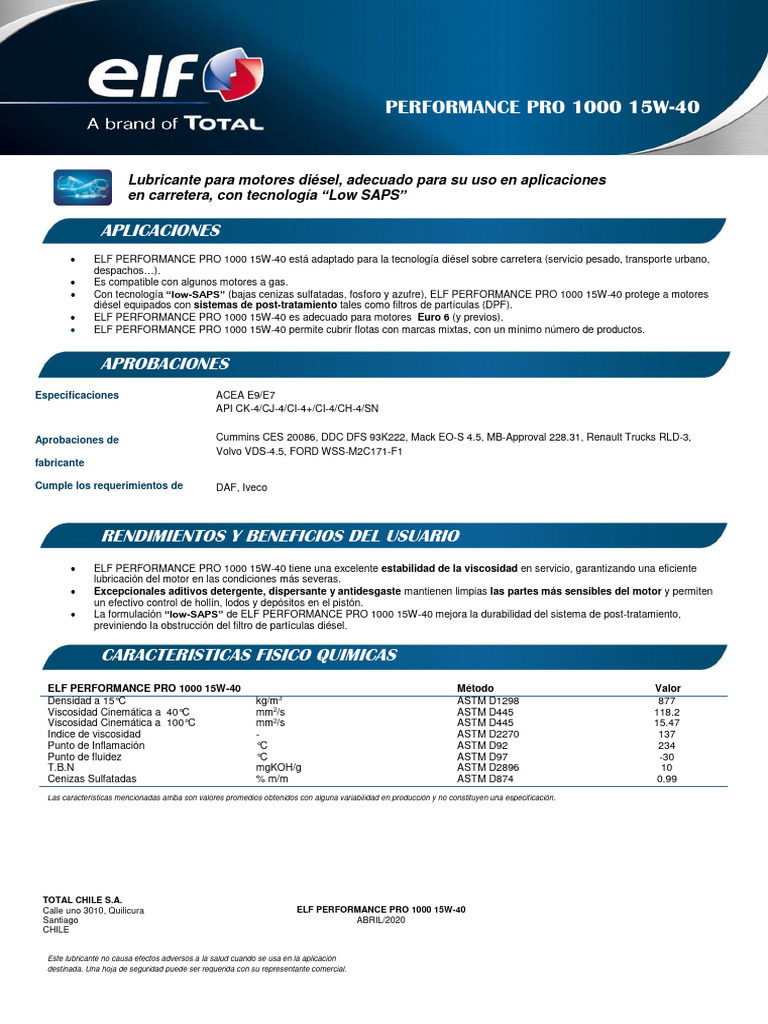 FT Elf Pro 1000 CK4 15W40 | PDF | Lubricante | Motor diesel