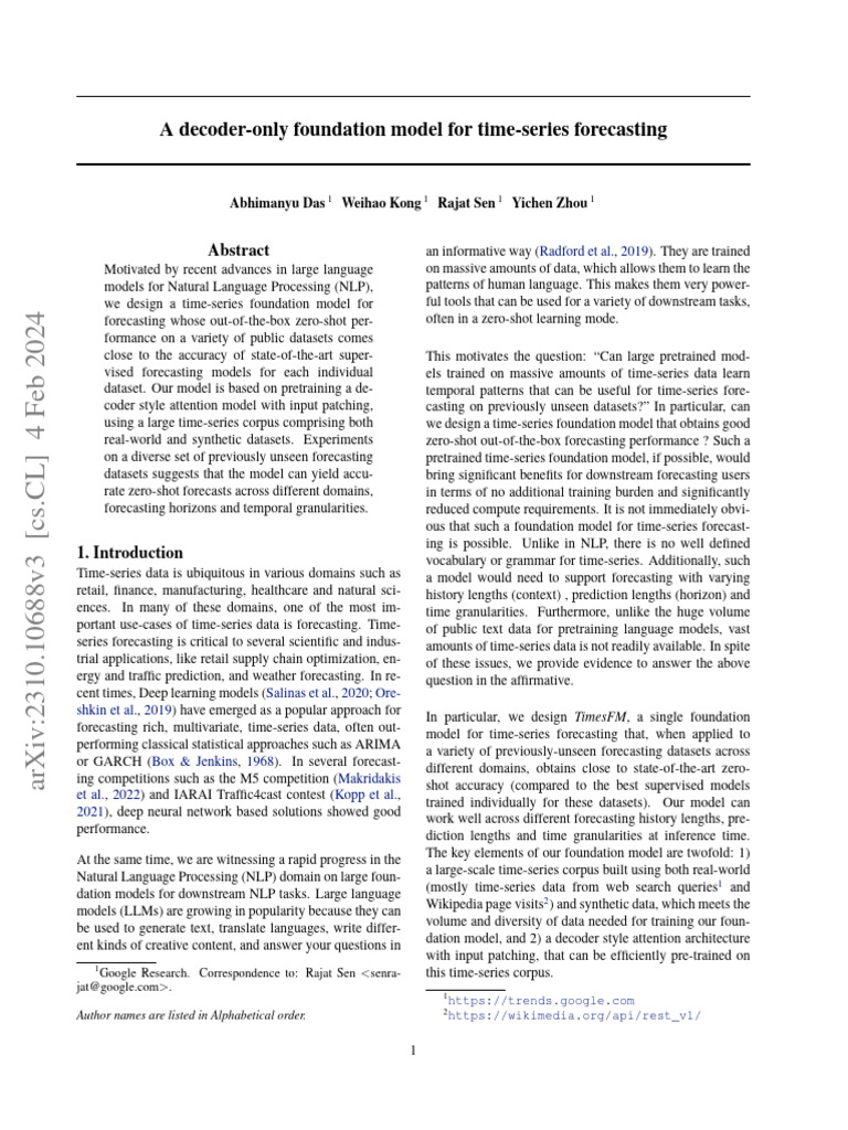 A Decoder-Only Foundation Model For Time-Series Forecasting: Radford Et Al. 2019 | PDF | Time ...