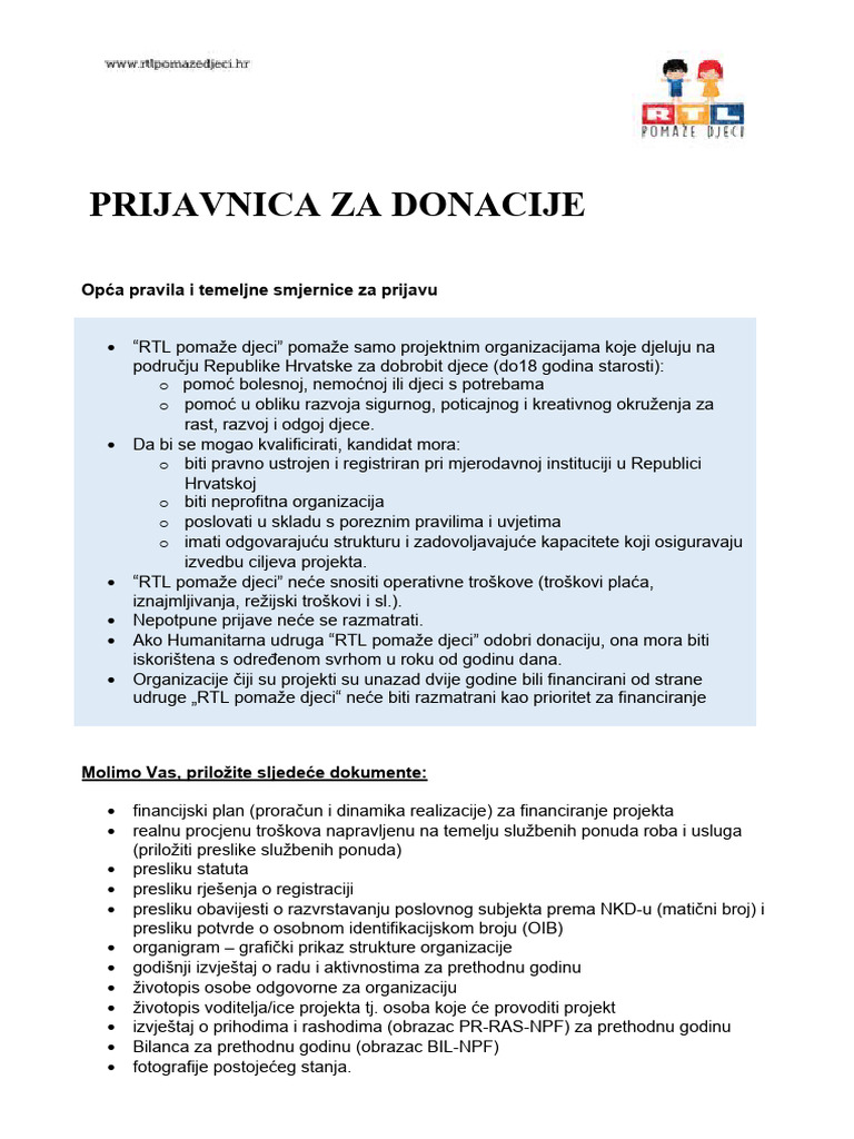 Prijavnica Za Donacije 2023 | PDF