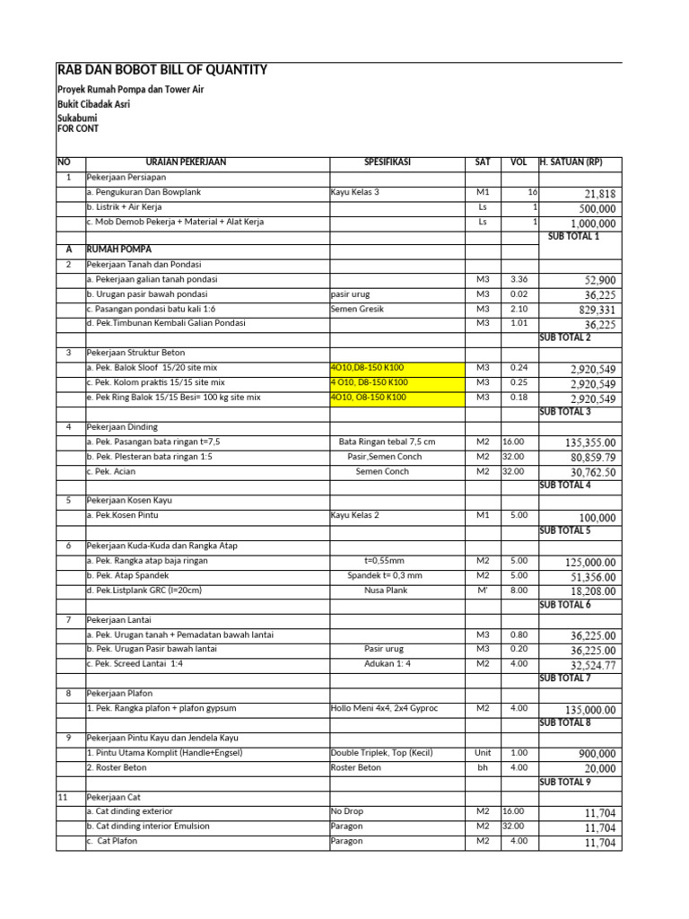 BOQ Rumah Pompa Dan Tower Air BCA | PDF