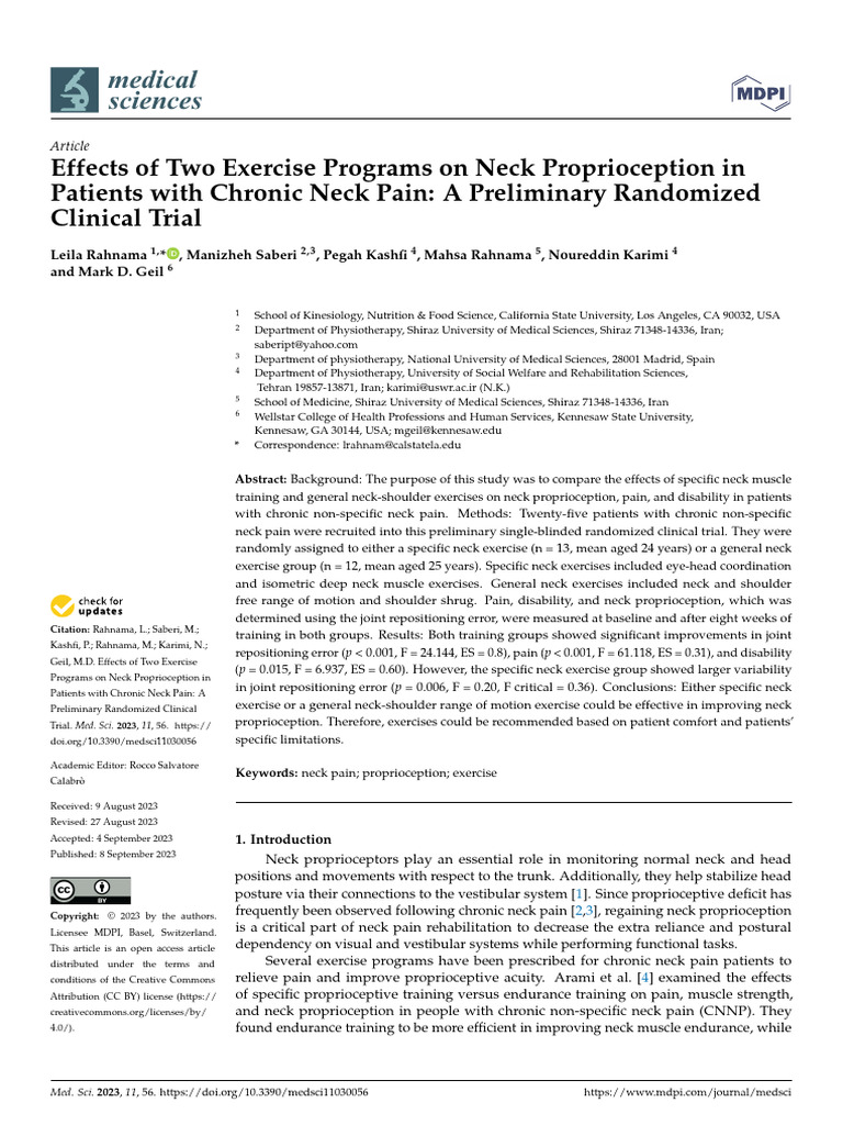 Effects of Two Exercise Programs On Neck Proprioception in Patients ...