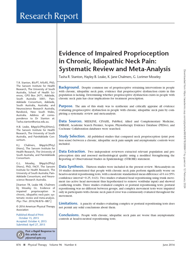 Evidence of Impaired Proprioception in Chronic, Idiopathic Neck Pain ...
