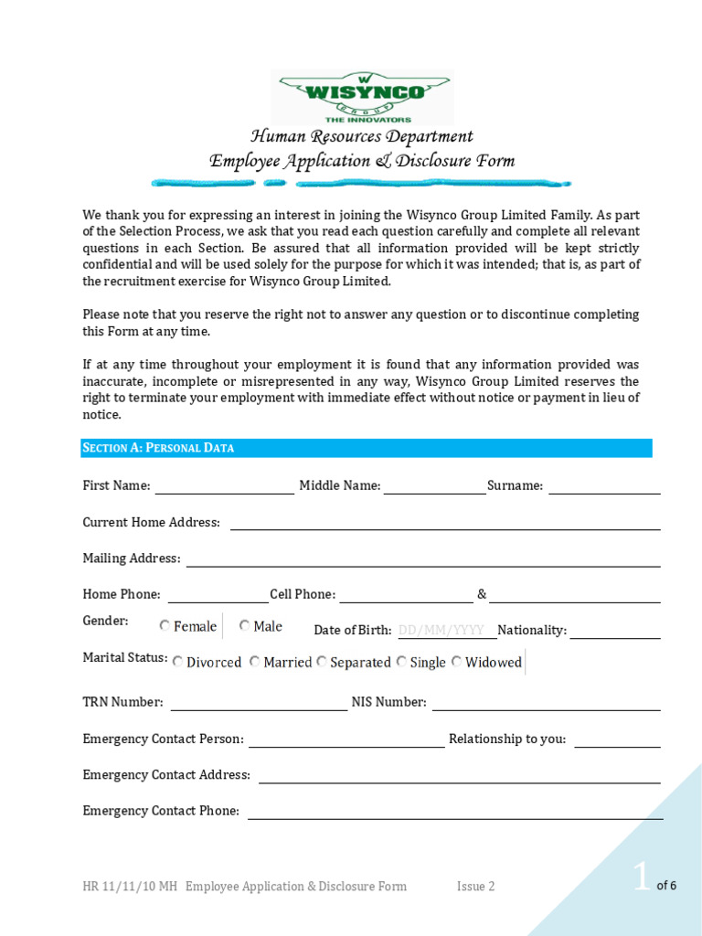 Employee Application & Disclosure Form. | Download Free PDF ...