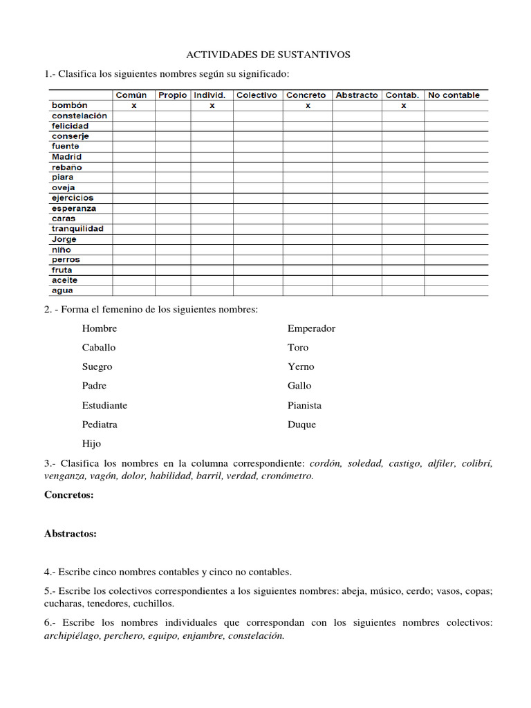 Actividades de Sustantivos para Estudiantes | PDF | Sustantivo | Adjetivo
