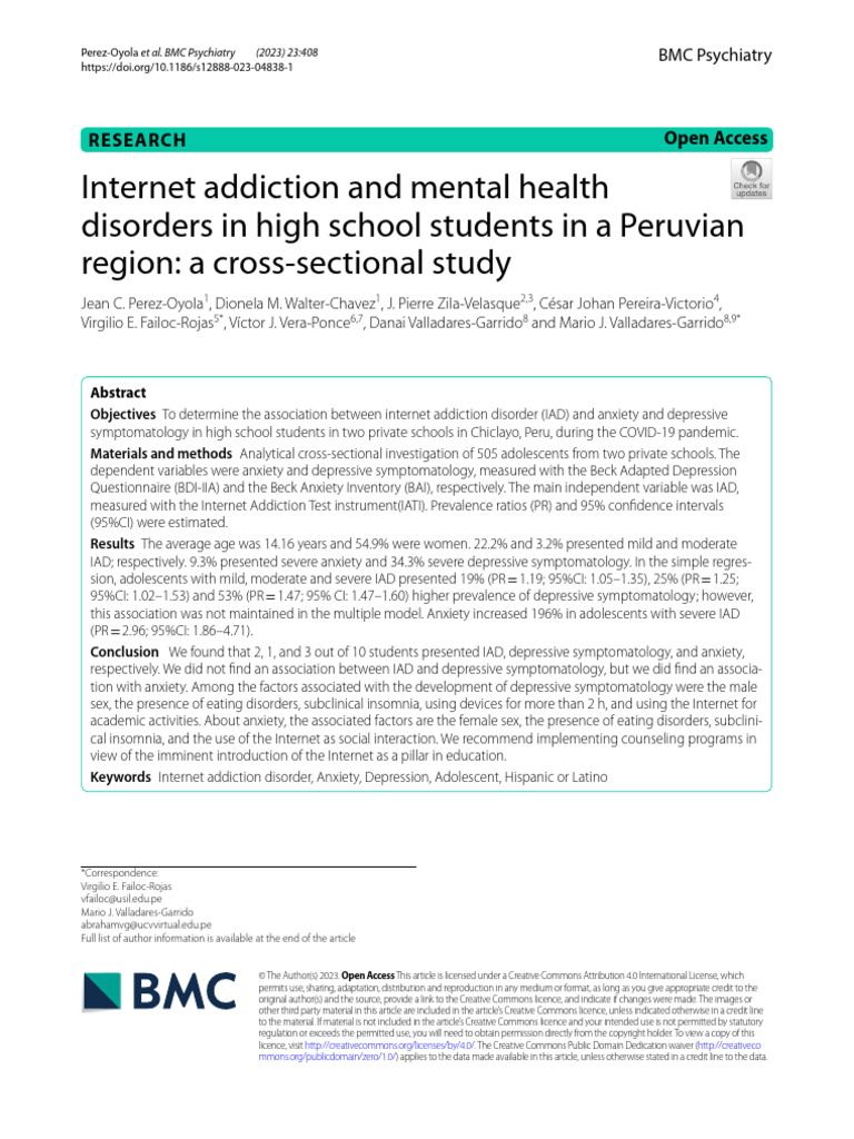 Internet Addiction and Mental Health Disorders in High School Students ...