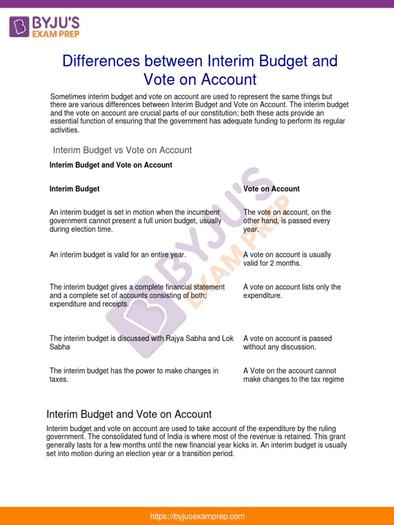 Differences Between Interim Budget and Vote On Account Upsc Notes 46 ...