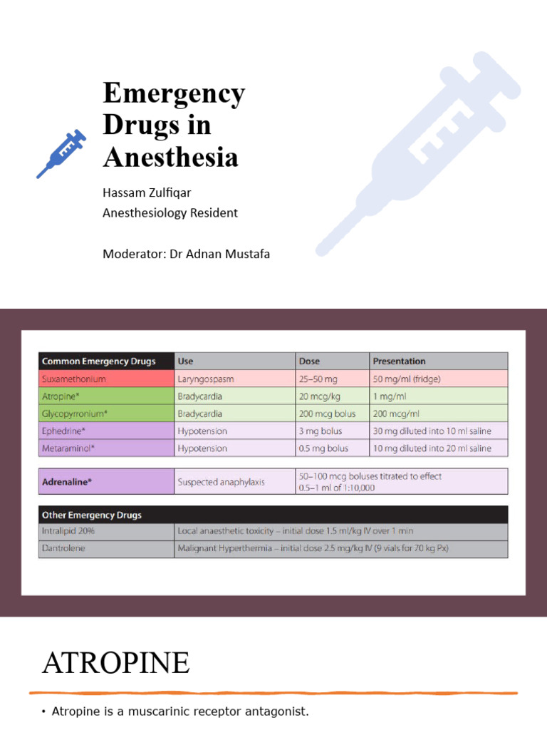 Emergency Drugs in Anesthesia Overview | PDF | Blood Pressure ...