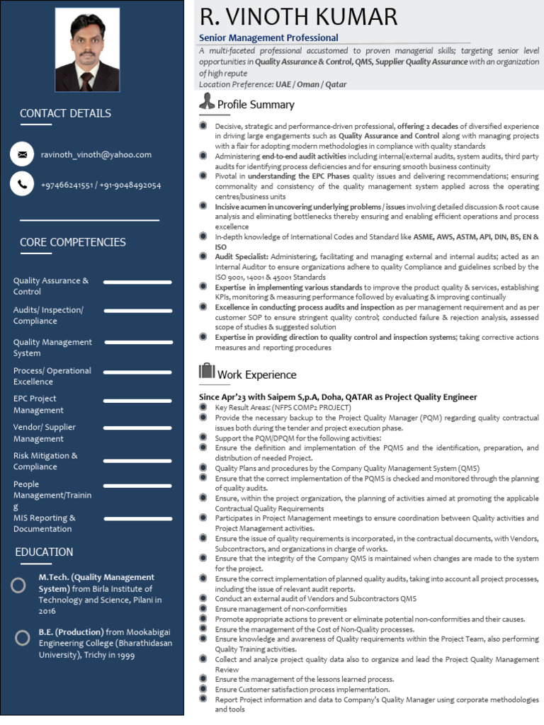 Vinoth Kumar R Cv Pdf Audit Quality Assurance