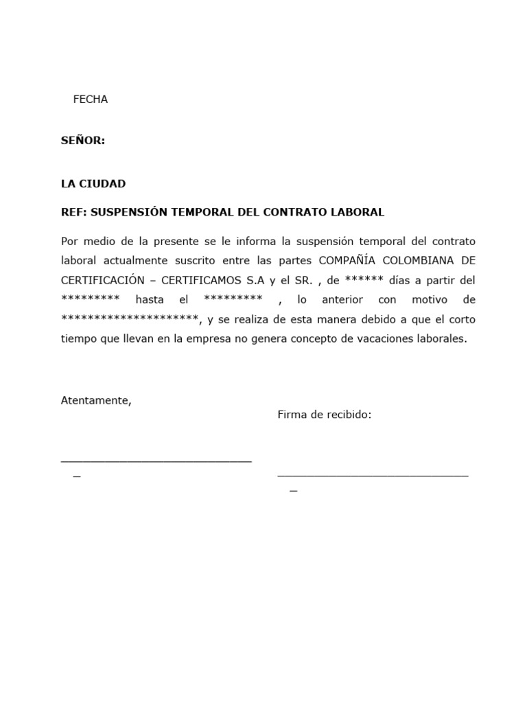 Carta de Suspension Del Contrato Laboral Ejemplo | PDF Carta de Suspension Del Contrato Laboral Ejemplo | PDF
