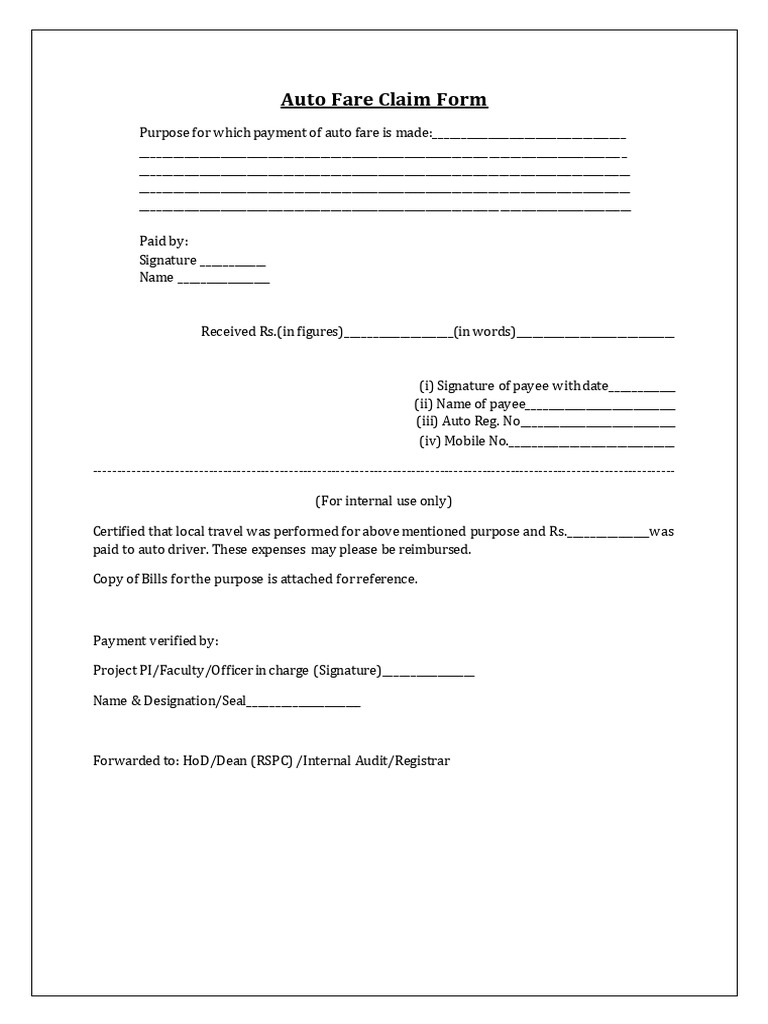 Auto Fare Claim Form Template | PDF | Finance & Money Management | Law