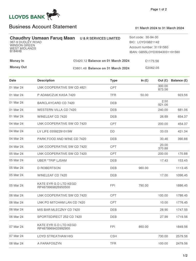 Lloyds Business Account Statement | PDF | Regulation | Financial Regulation