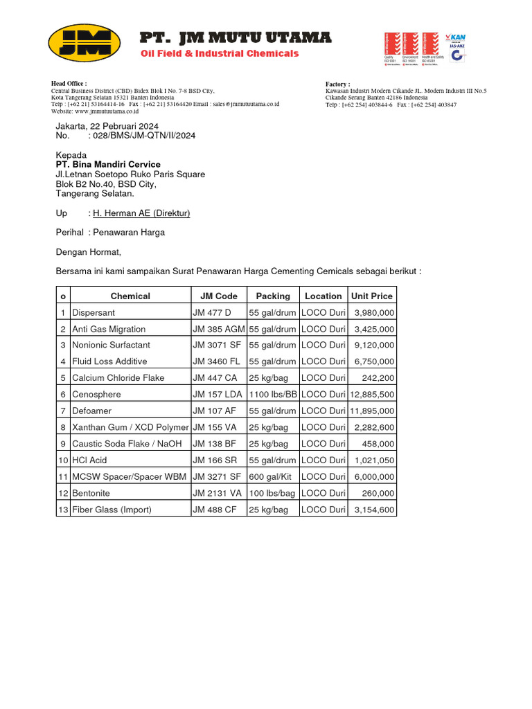 Harga Cementing Loco Duri-Bms | PDF