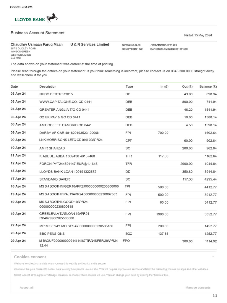 Business Lloyds Bank Statement Apr | PDF | Http Cookie | Banking