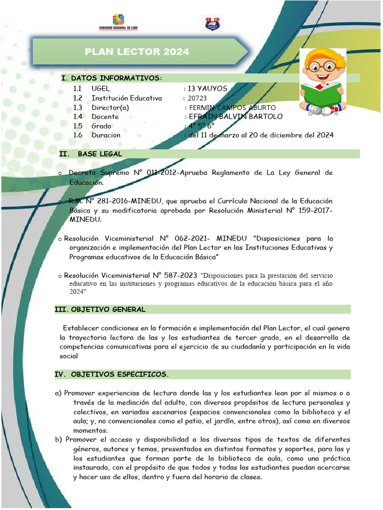 Plan Lector-2024 - Educaciòn Primaria | PDF | Salón de clases | Educación primaria