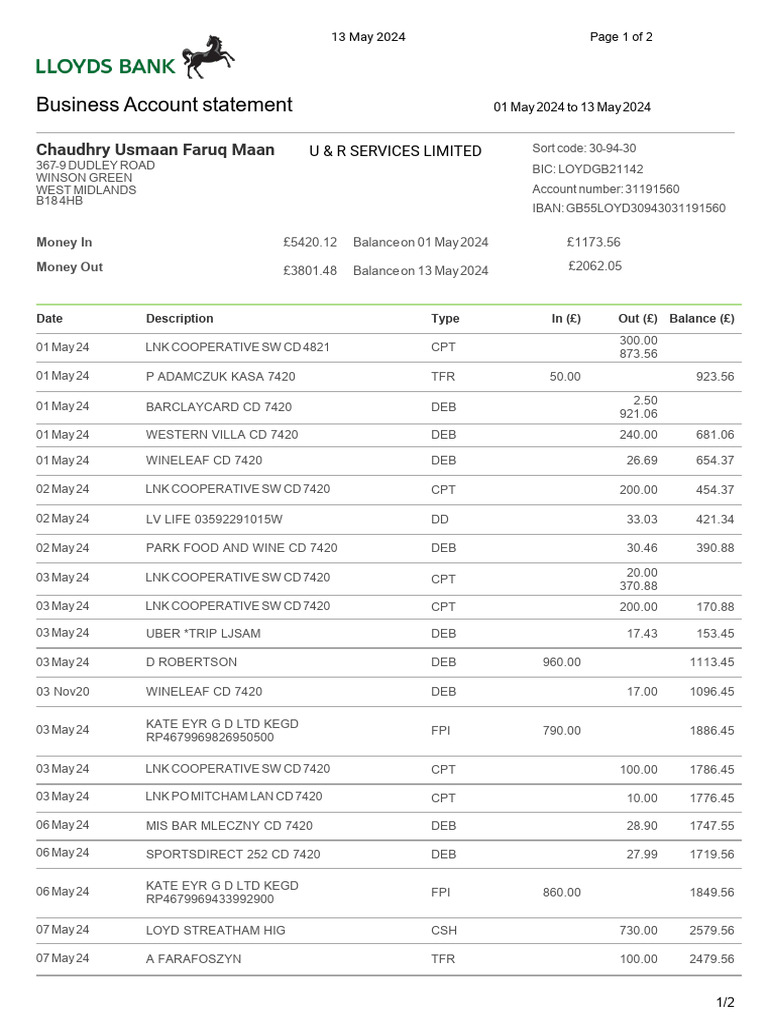 Lloyds Bank Statement | PDF | Financial Services | Banking