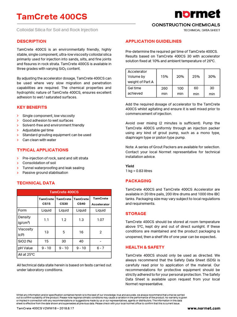 TamCrete 400CS Technical Data Sheet Global EN | PDF | Silicon Dioxide ...