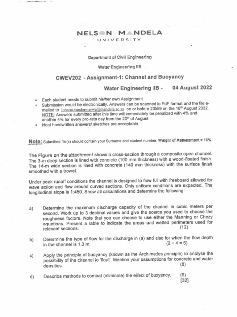 CWEV202 Assignment 1 MEMO 2022 On Channel and Buoyancy | PDF