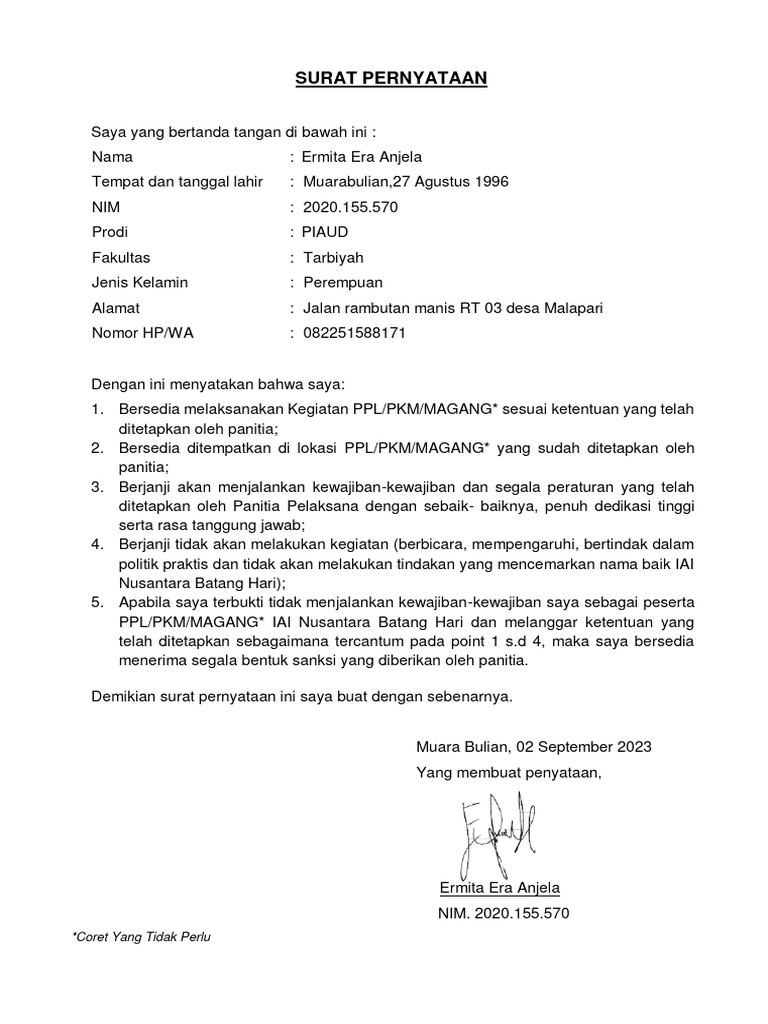 Template Surat Pernyataan Kesediaan Mengikuti PPL PKM Magang | PDF