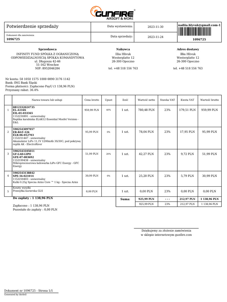 Potwierdzenie Sprzedazy NR | PDF