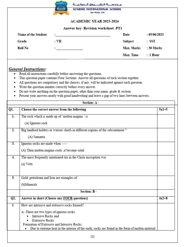 Answer key -Revision worksheet PT1 | PDF | Rock (Geology) | Igneous Rock