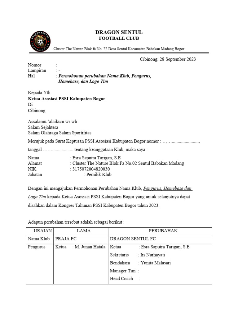 Permohonan Perubahan Klub FC | PDF