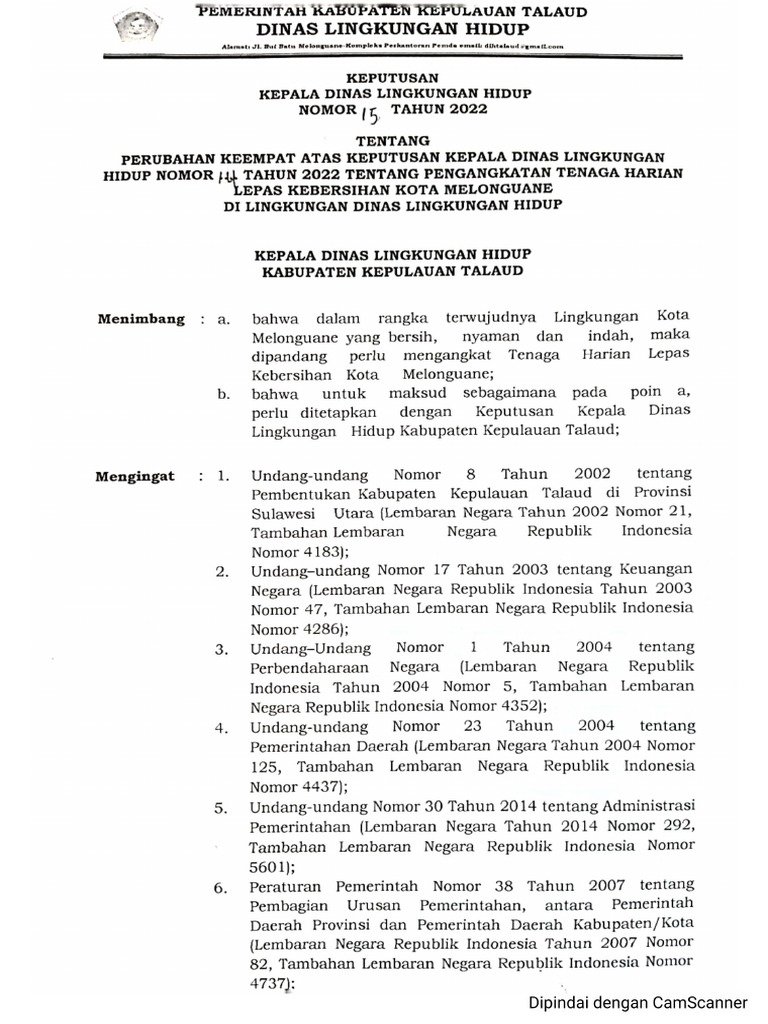 SK Kepala Dinas Lingkungan Hidup Nomor 15 Tahun 2022 tentang Pengangkatan THL Kebersihan Kota ...