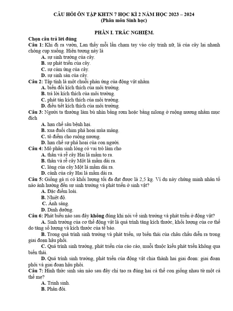 Ôn Tập KHTN 7 Hk2 Trắc Nghiệm | PDF