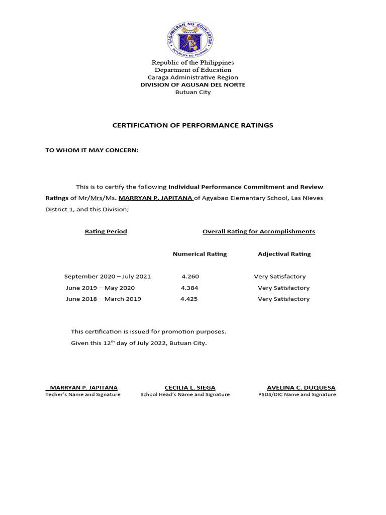 Certification of IPCRF Ratings For Application Promotion AutoRecovered | PDF