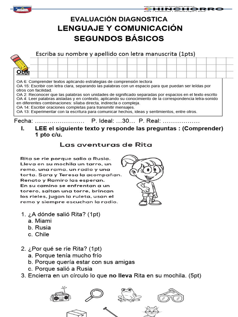 Evaluacion Diag. Lenguaje Segundo Basico | PDF