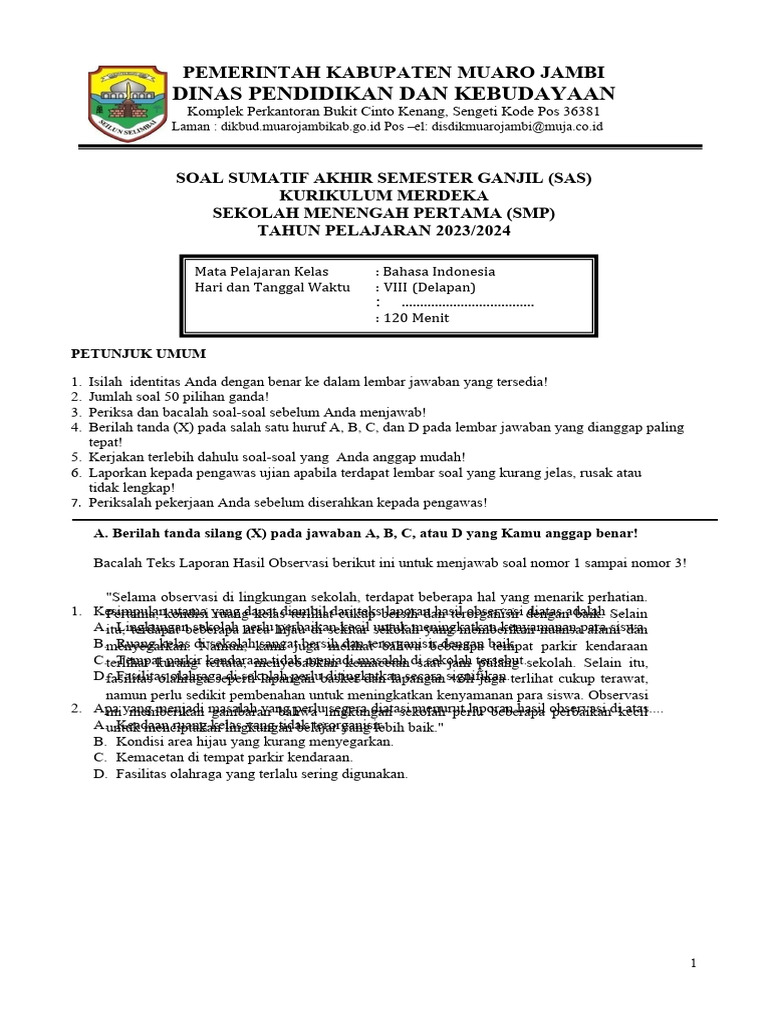 Soal Sumatif Akhir Semester Ganjil (Sas) Bahasa Indonesia Kelas 8 TP 2023-2024 | PDF