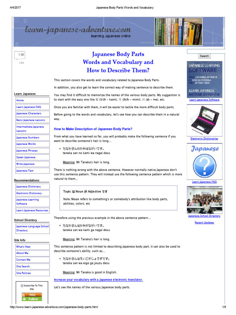 Japanese Body Parts Words and Vocabulary | PDF | Japanese Language ...