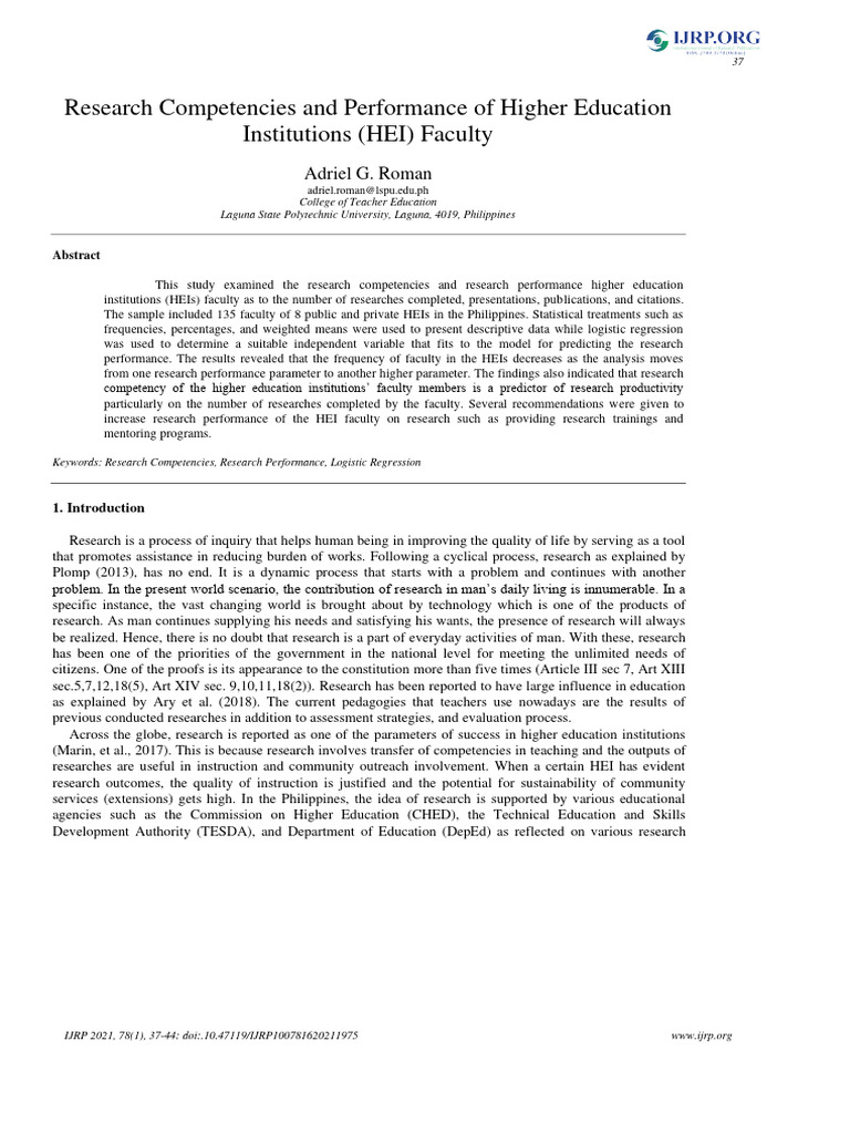 Research Competencies and Performance of Higher Education Institutions (HEI) Faculty | PDF ...
