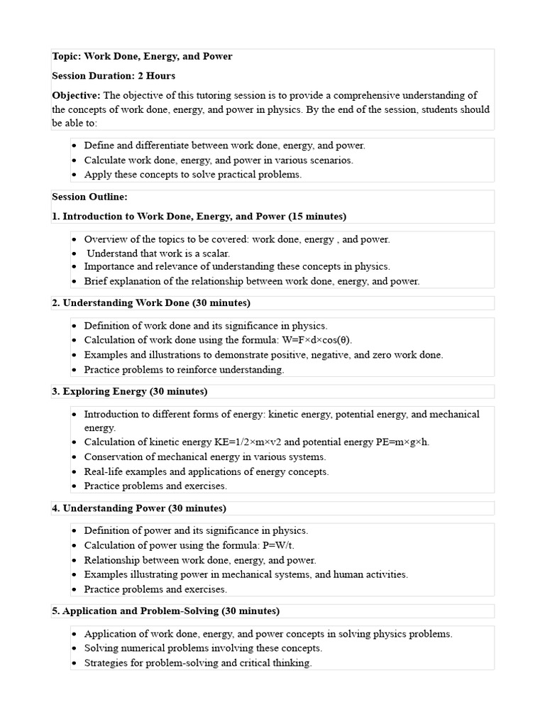 Physics Workdone, Energy and Power Tutorial 101 | PDF | Physics | Concept