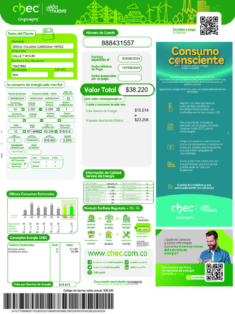 Número de Medidor: Erica Yuliana Cardona Yepez CALLE 7 #10-56 15427892 ...