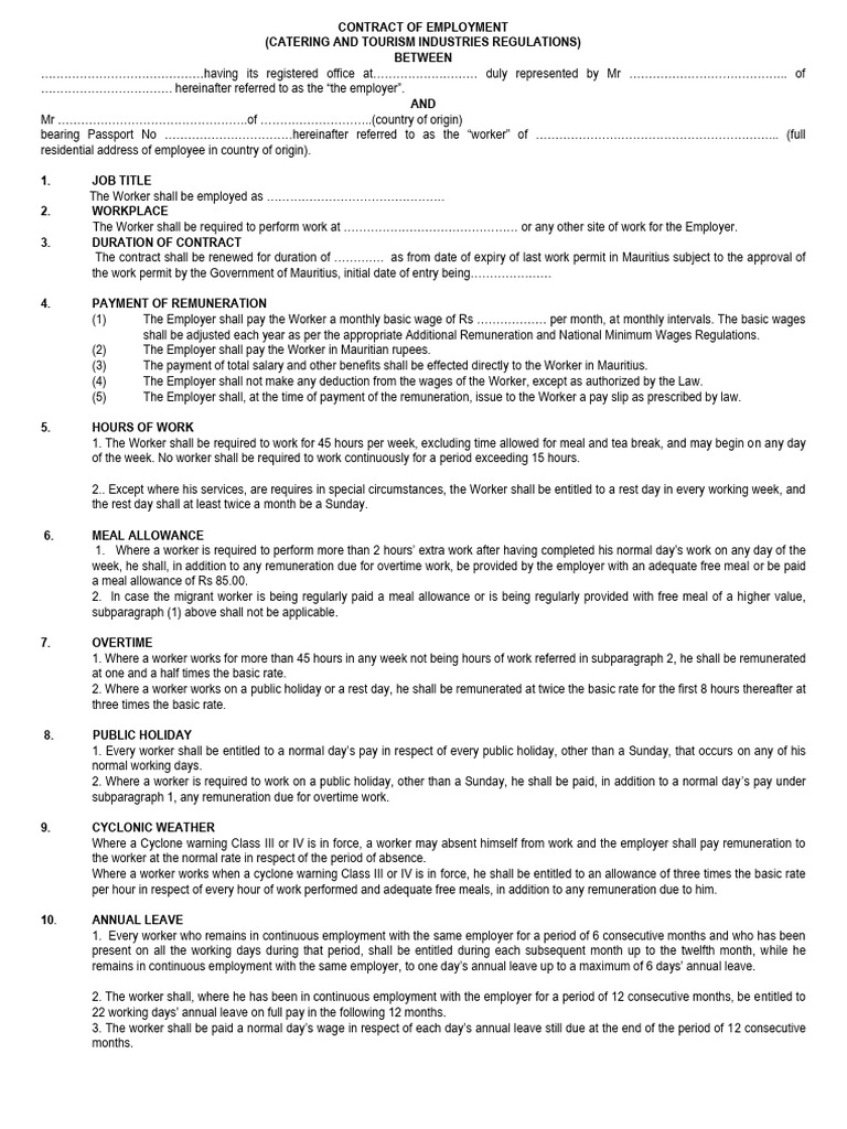 Contract of Employment - Catering | PDF | Employment | Overtime
