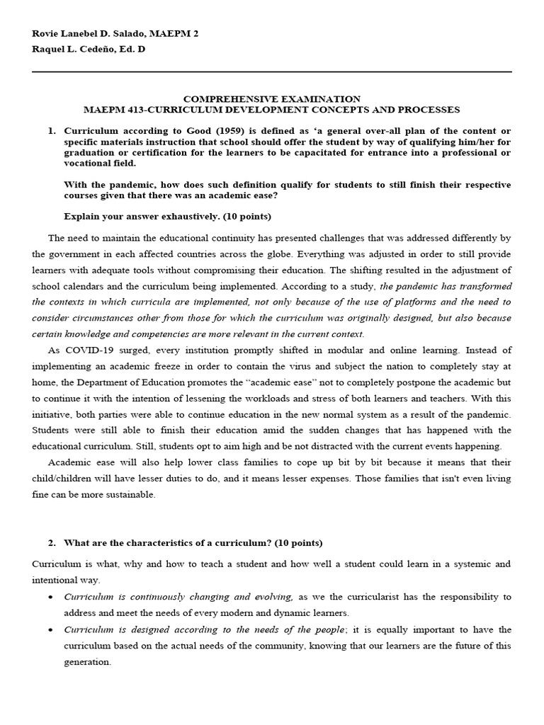 Salado MAEPM COMPRE EXAM IN CURDEV | PDF | Curriculum | Teachers