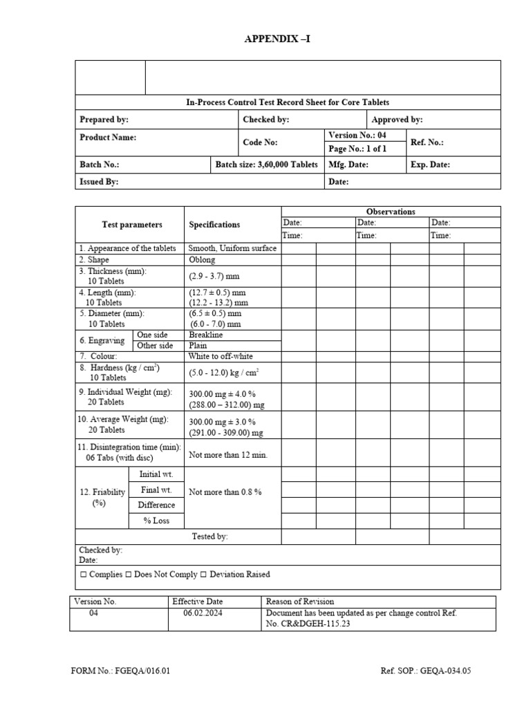 Tablet Quality Control Sheet | PDF