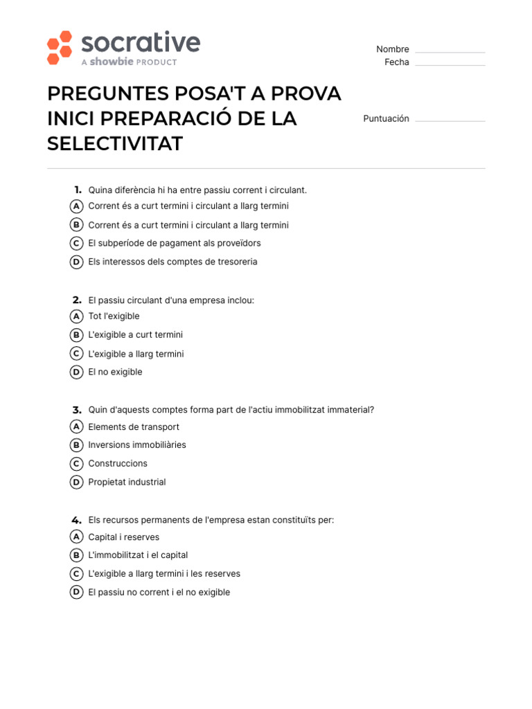 Quiz - PREGUNTES POSAT A PROVA INICI PREPARACIÓ DE LA SELECTIVITAT | PDF