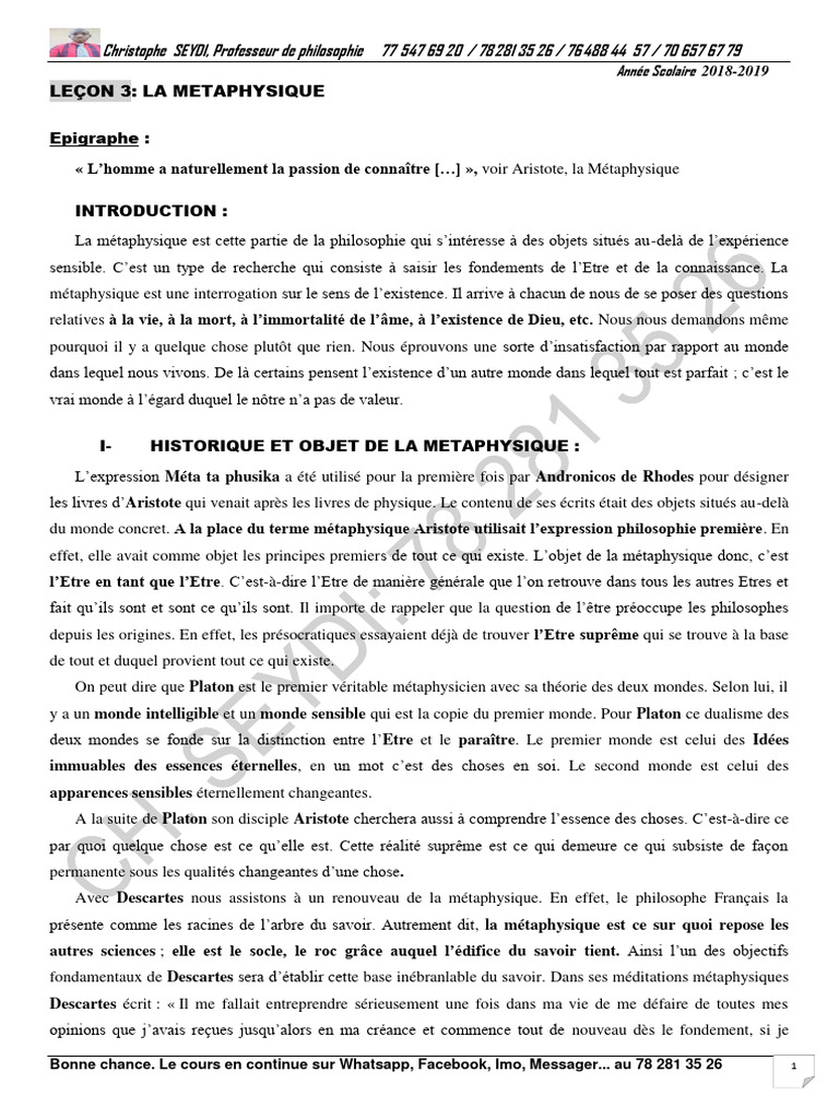Cours de Métaphysique : Fondements et Critiques | PDF | Métaphysique ...