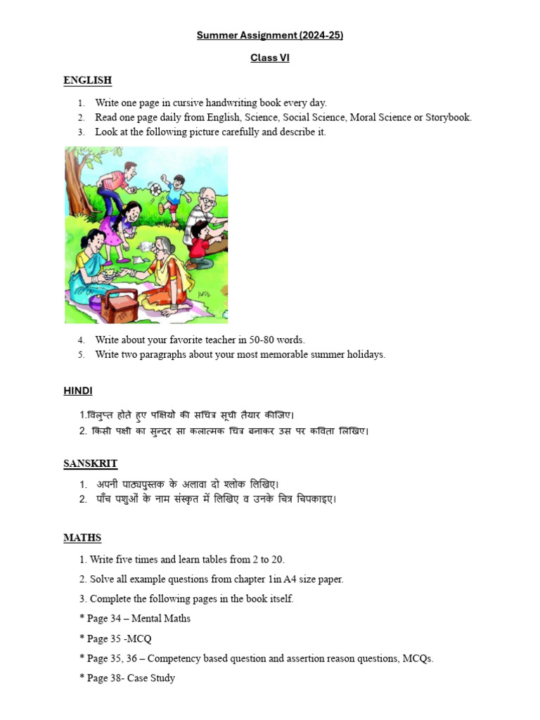 Class 6 Summer Assignment 2024-25 | PDF