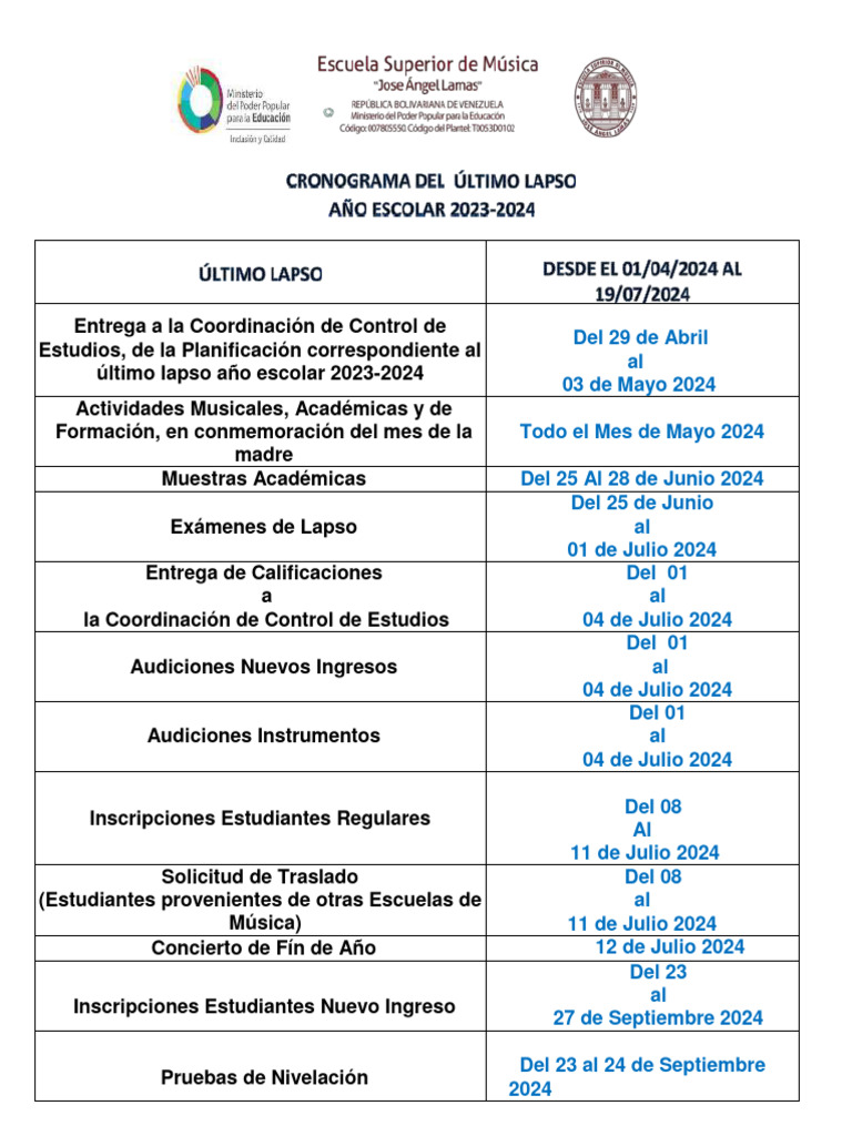 Cronograma 3er Lapso Año Escolar 2023-2024 1 | PDF